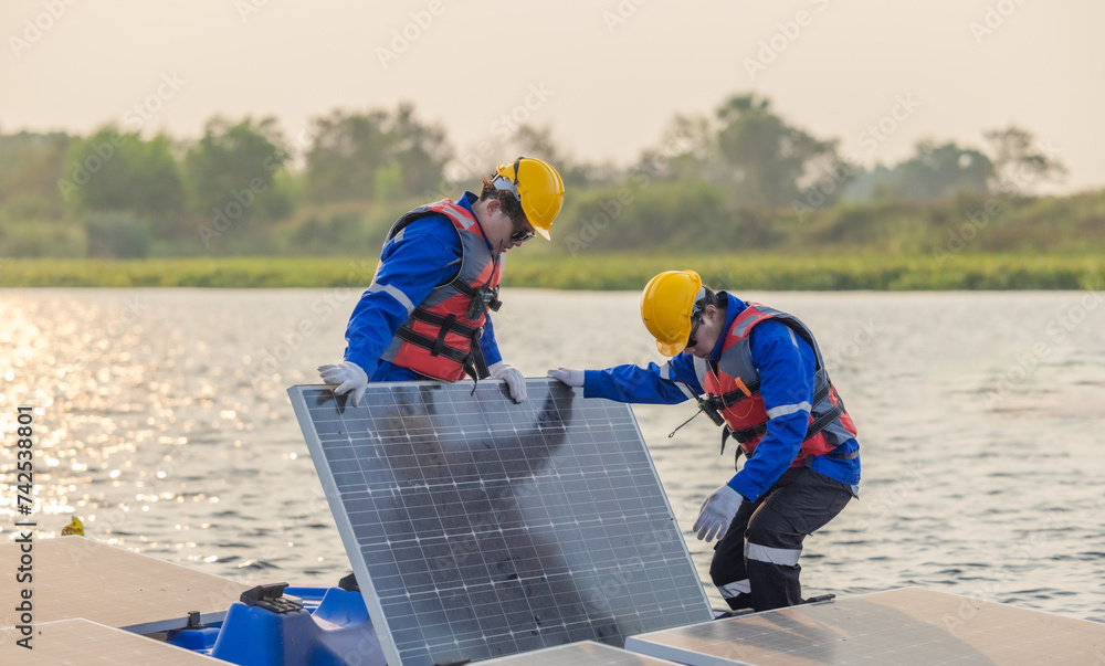 Engineers inspect the structural stability and alignment of floating ...
