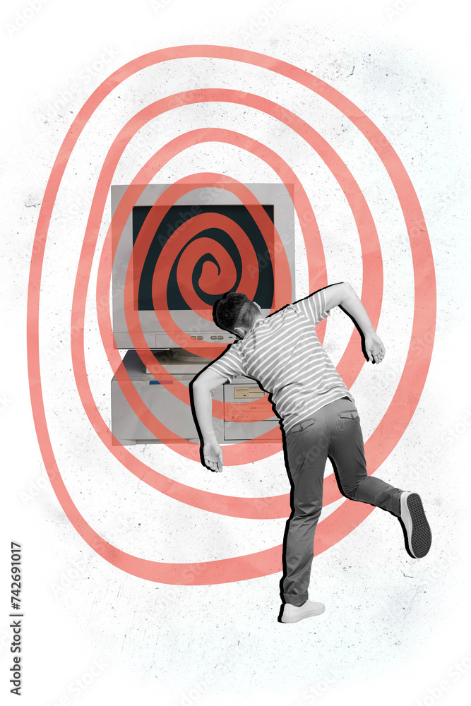 Collage image of brainwashed under control man going to pc monitor ...