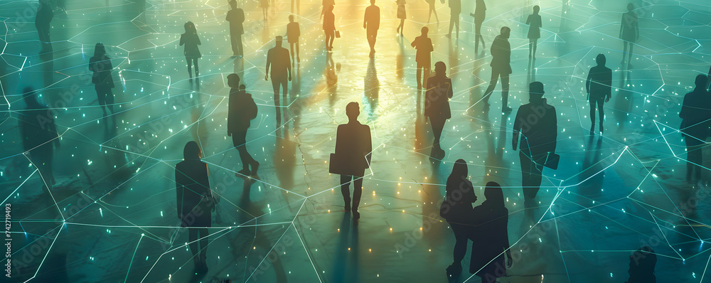 Silhouettes of business professionals connected by digital network ...