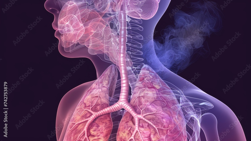 An anatomical illustration of the human respiratory system with a ...