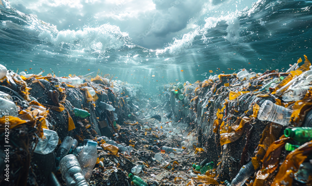 Underwater view of ocean pollution with plastic waste and discarded ...