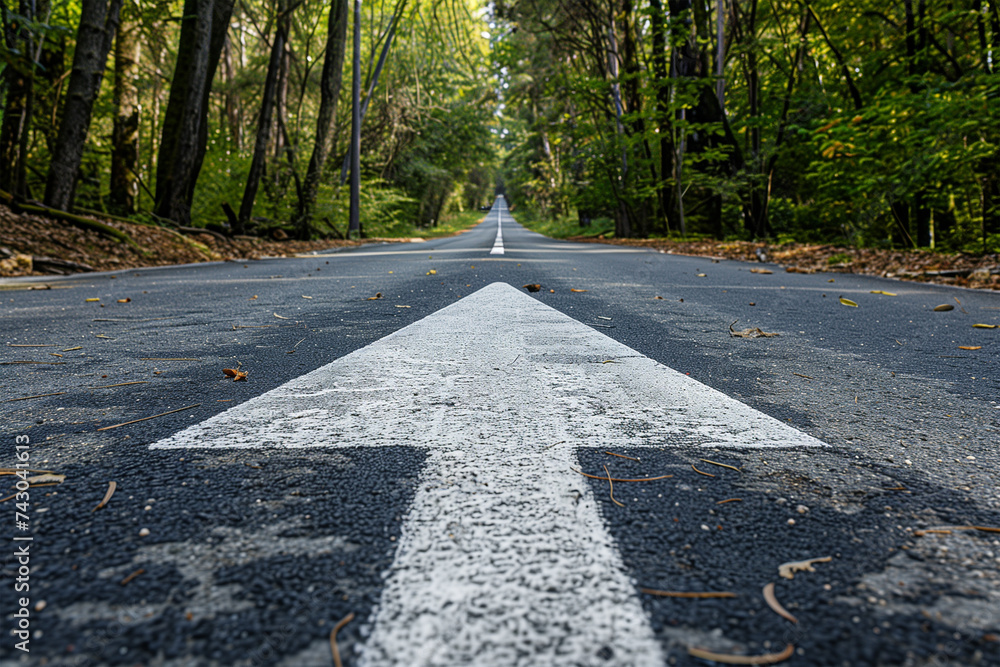An asphalt road stretches into the distance with a painted white arrow ...