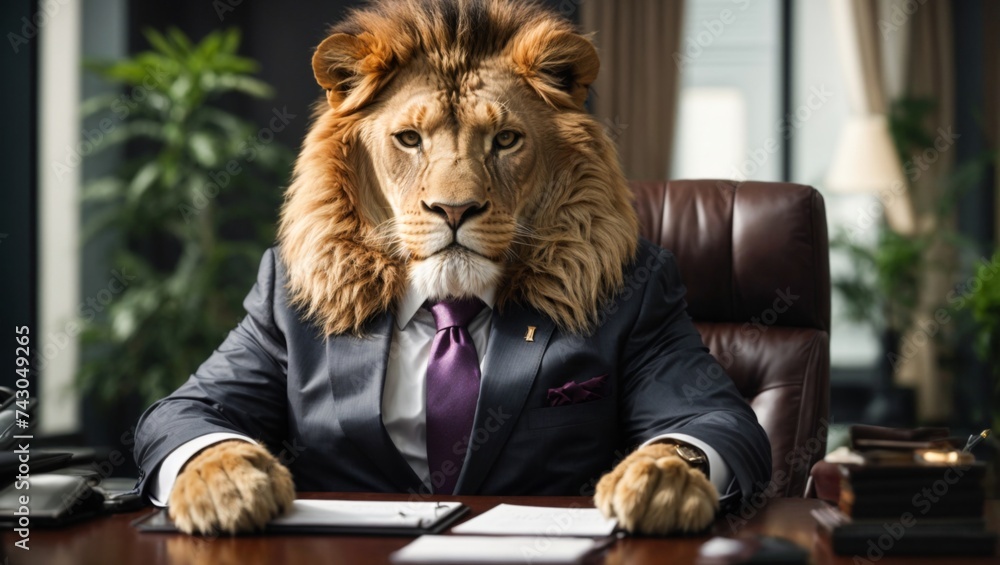 Boss lion animal concept Anthropomorphic wearing suit formal business ...