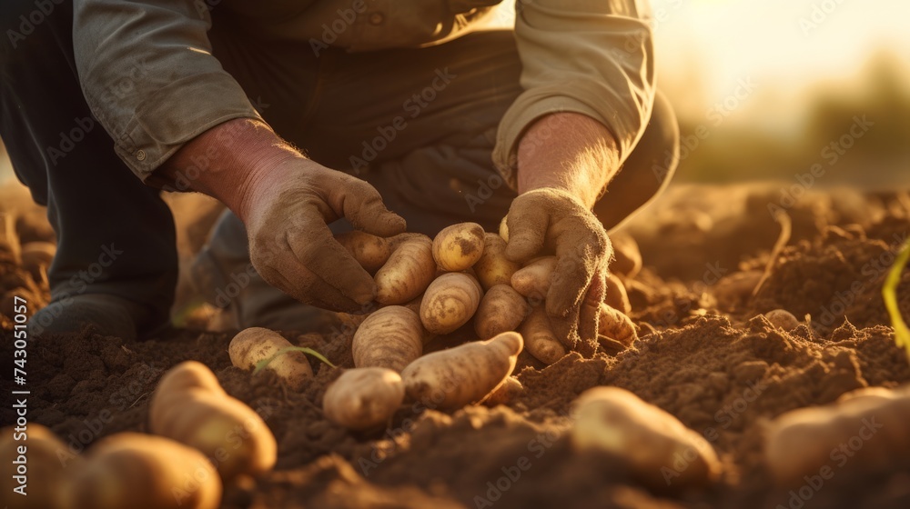 Generative AI Close-up view capturing hands pulling up fresh potatoes ...