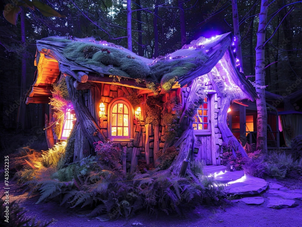 A cozy cabin entirely powered by gentle glowing bioluminescent plants ...