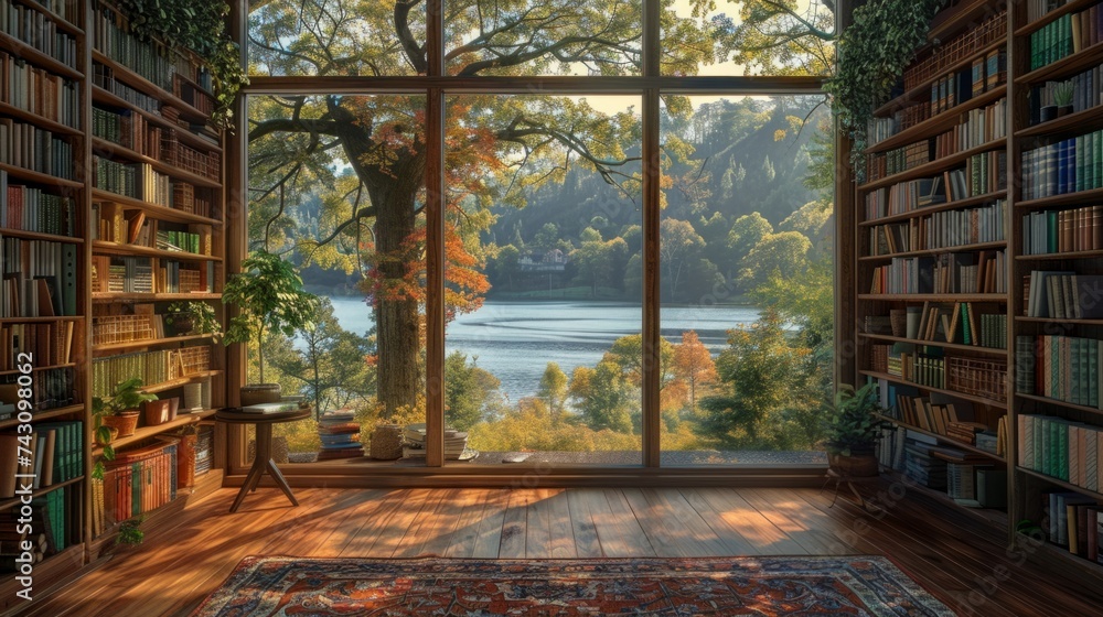 scenic bookshelf background of interior home office library study ...