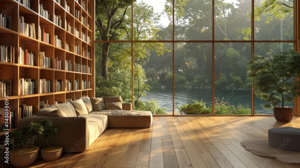 scenic bookshelf background of interior retirement home office library ...