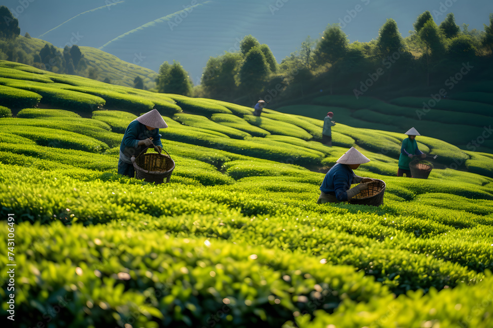 People working on Tea Farm, harvesting fresh tea, process of farming ...