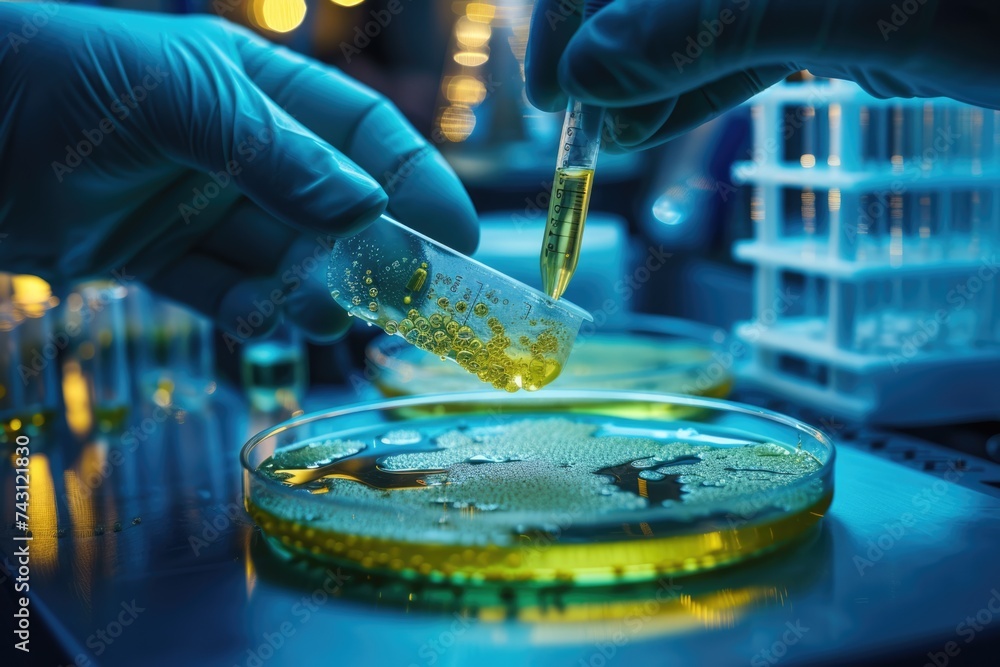 Scientists hand in glove holding petri dishes with bacterial colonies ...
