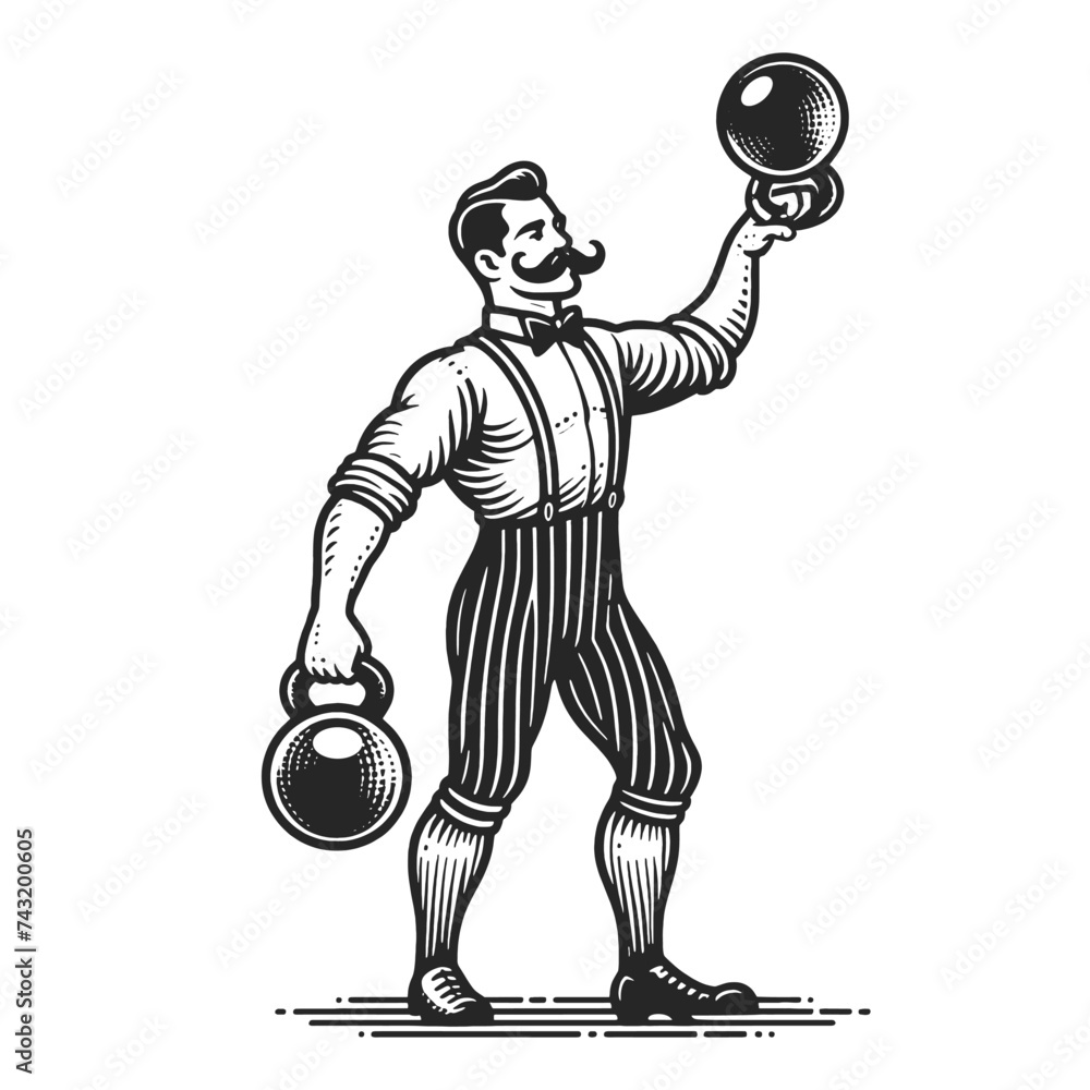 Circus strongman juggles kettlebells weights sketch engraving ...
