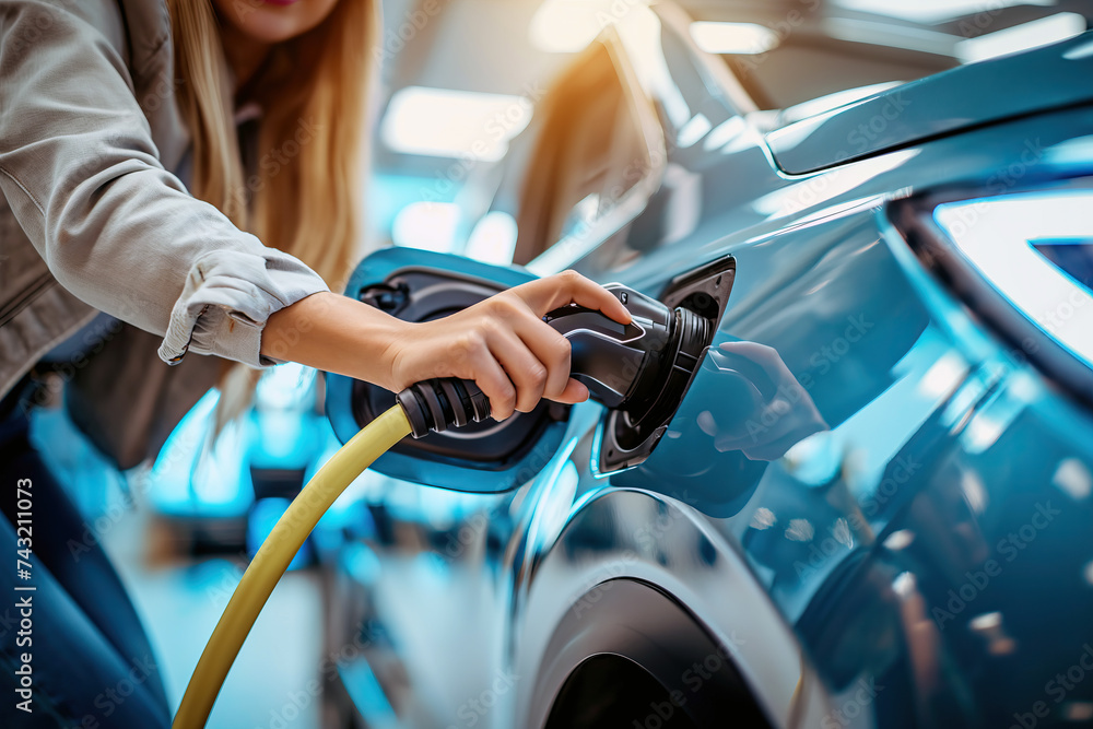 Electric vehicle charging process in action Generative AI image Stock ...