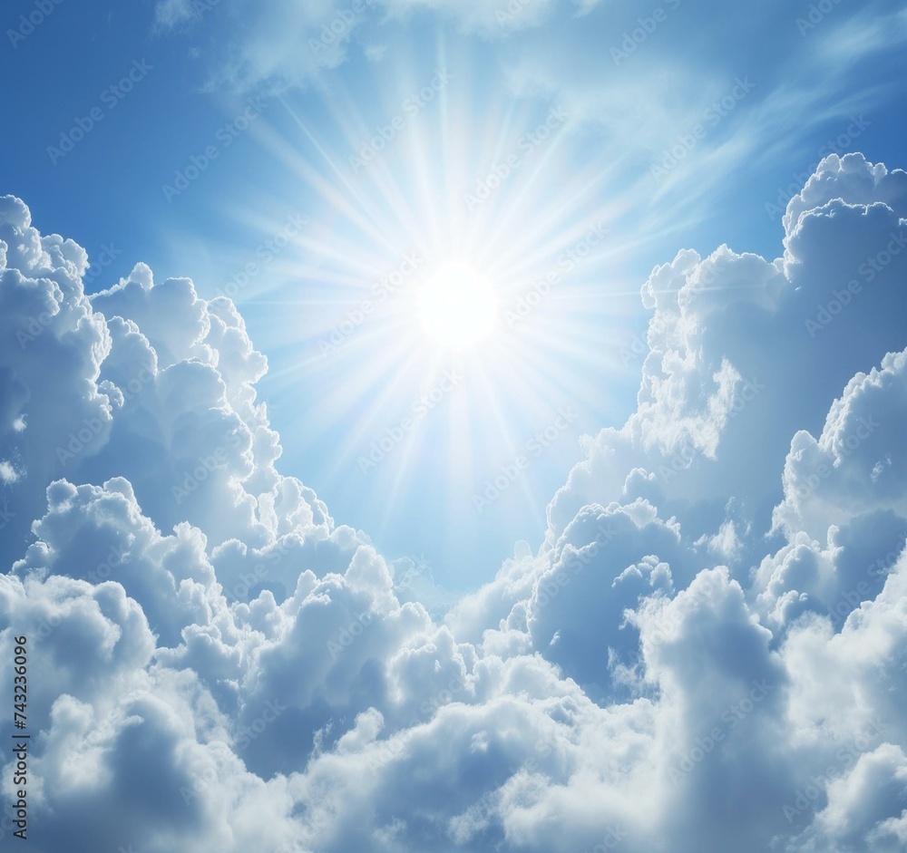 Vibrant Sky with Glowing Sun and Fluffy Clouds - Blue Sky Background ...