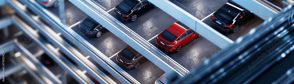 Aerial view of a multi-level parking structure with clearly marked ...