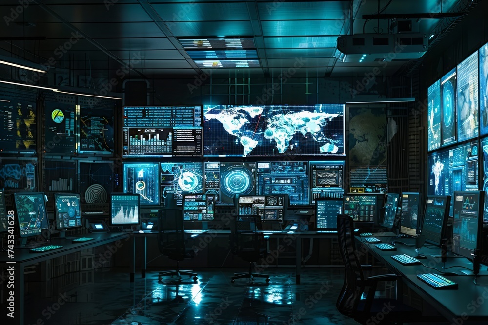 A control room filled with screens showing graphical data, maps, and ...