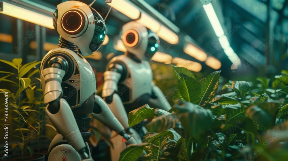 Robots working at night in an illuminated greenhouse close up on their ...