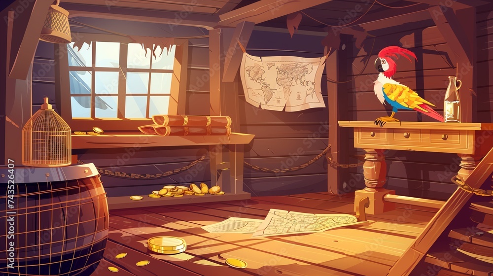 Pirate-themed cabin interior. Cartoon illustration of a cozy wooden ...
