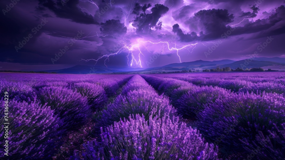 Lightning forks through a twilight sky, casting an otherworldly glow on ...