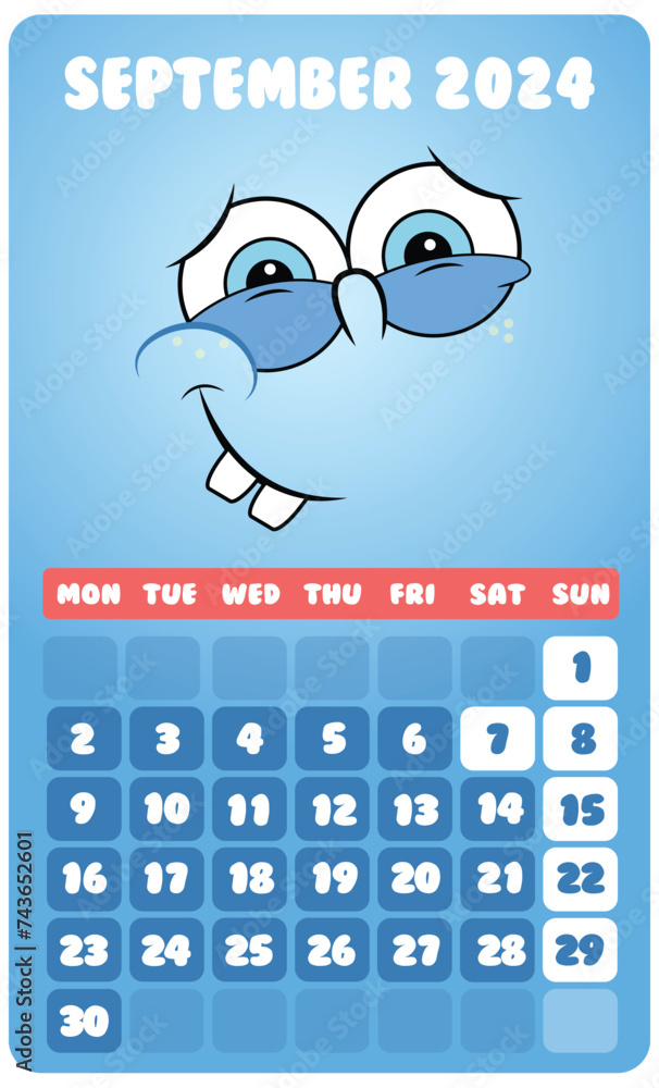 Vector illustration September Cartoon theme Calendar 2024 Editable ...
