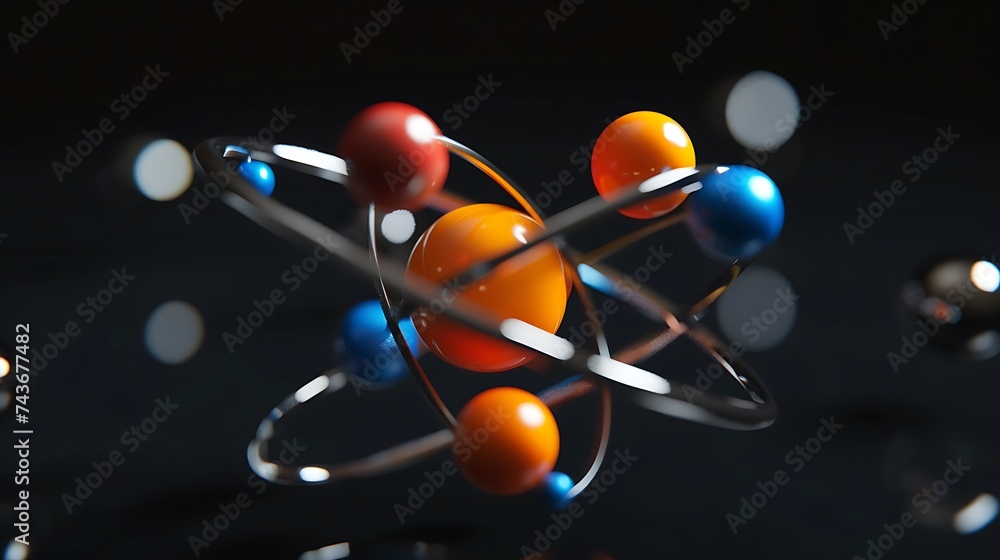 Atomic subatomic realm, electrons, neutrons, and protons orbit a fixed ...