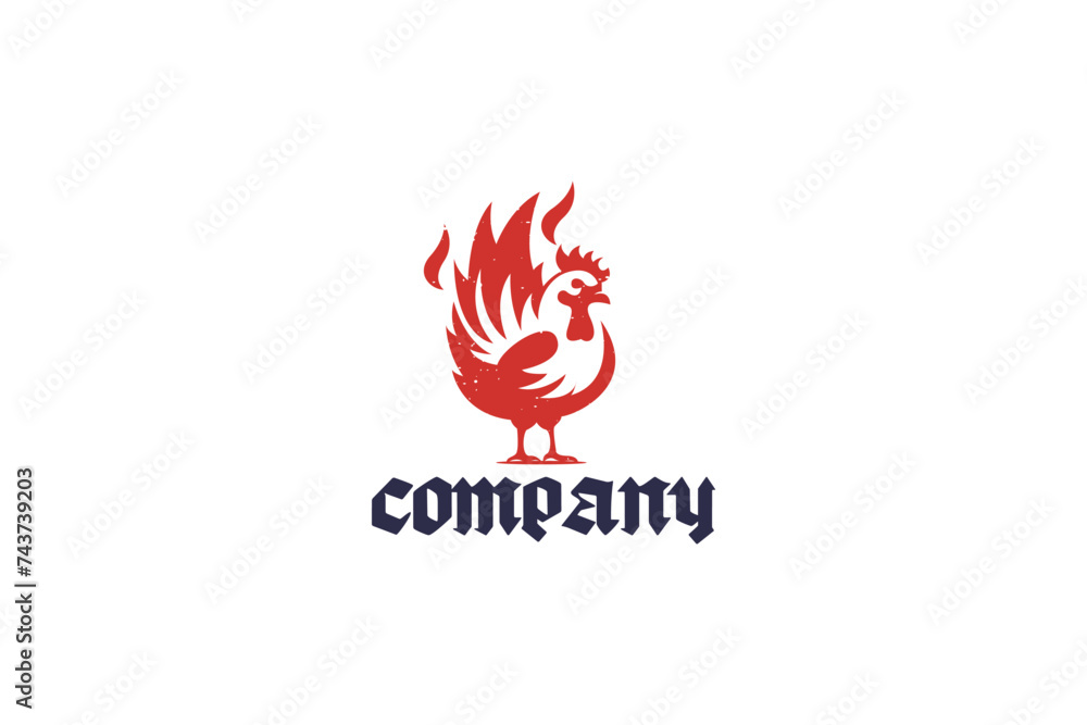 Vintage looking logo design of a flaming rooster with a grainy texture ...