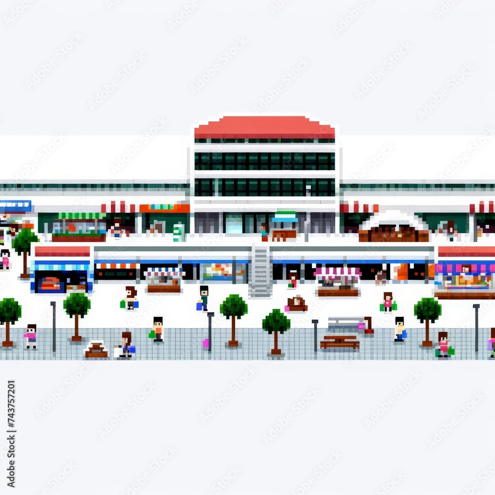 Pixel art of shopping center with a white background, in the style of ...