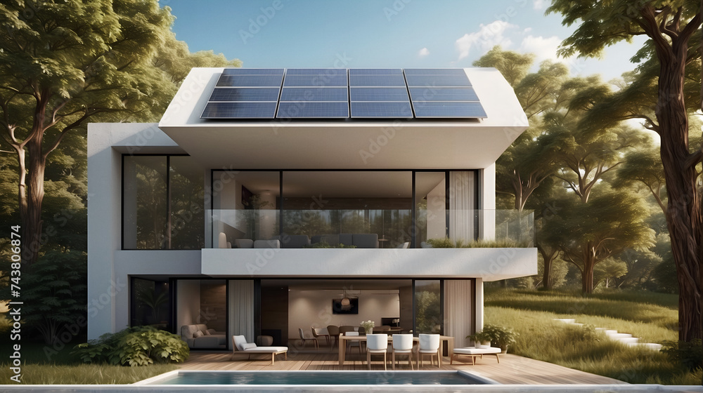 Country house with photovoltaic system, solar panels on roof ...