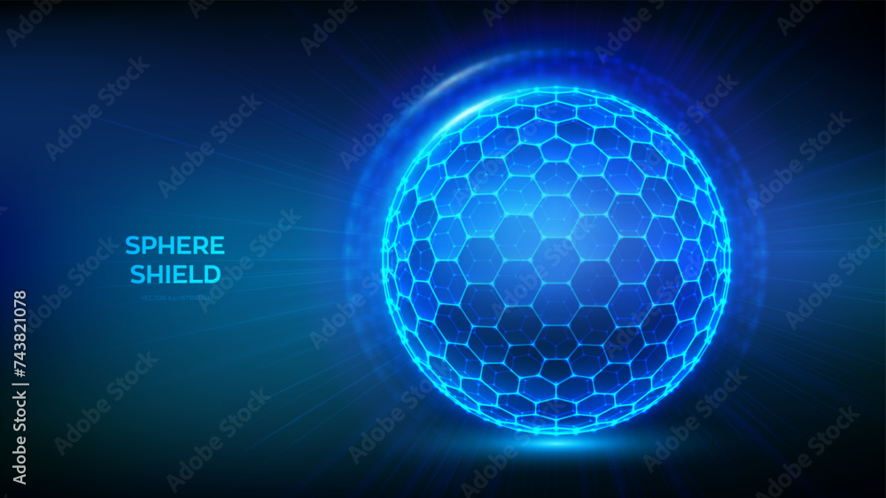 Sphere shield with hexagon pattern on blue background. Abstract ...