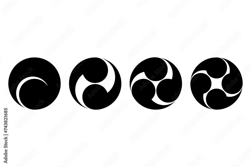 Japanese tomoe symbols, from left onefold to left fourfold. Four swirls ...