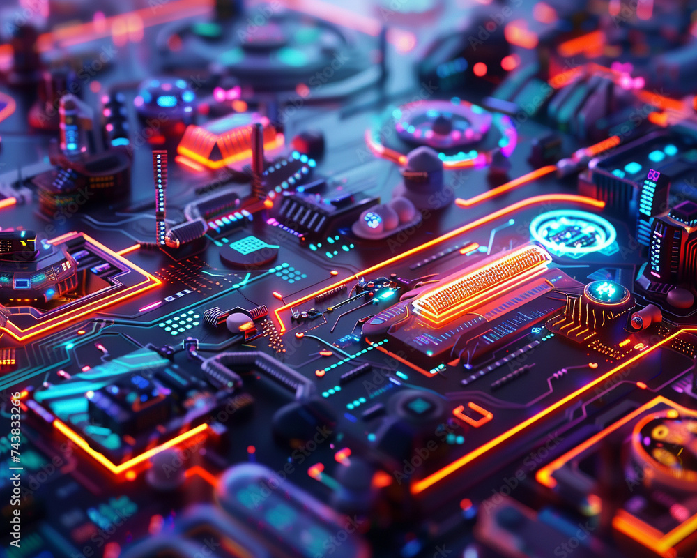 Produce a unique and visually striking 3D animation featuring a neon ...