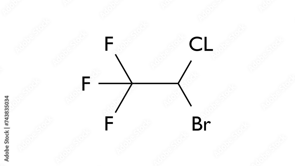 halothane molecule, structural chemical formula, ball-and-stick model ...