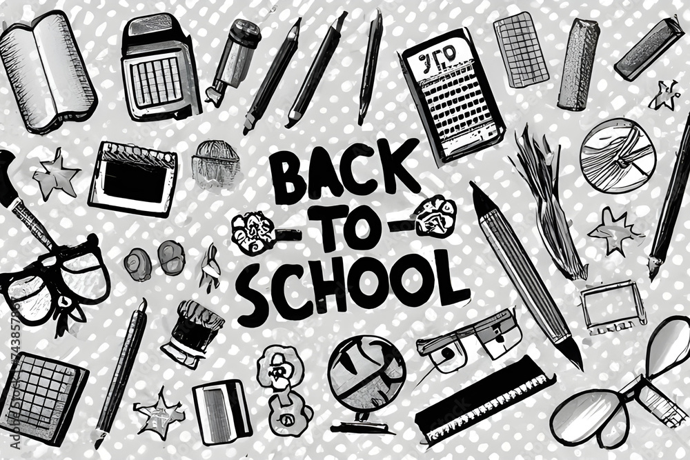 Freehand drawing school items on a sheet of exercise book. Back to ...