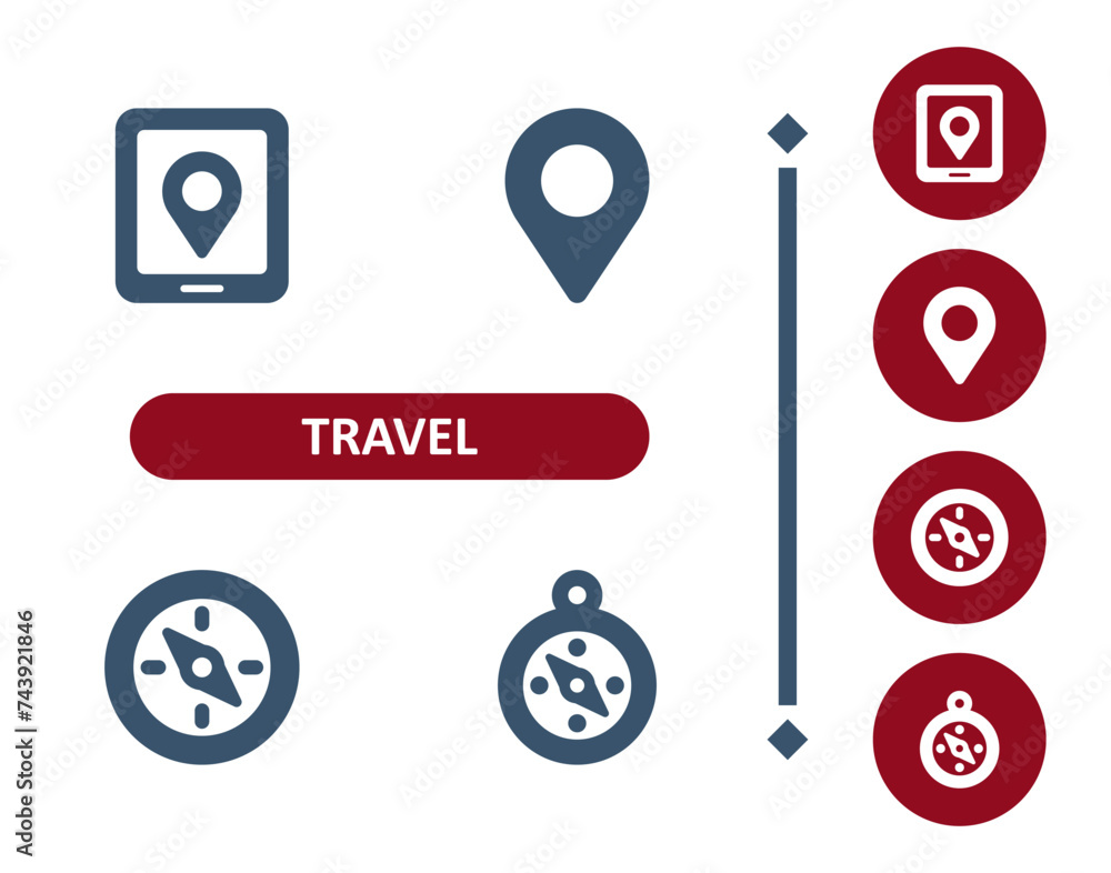 Travel icons. Tourism, tablet, map pin, map marker, compass, navigation ...