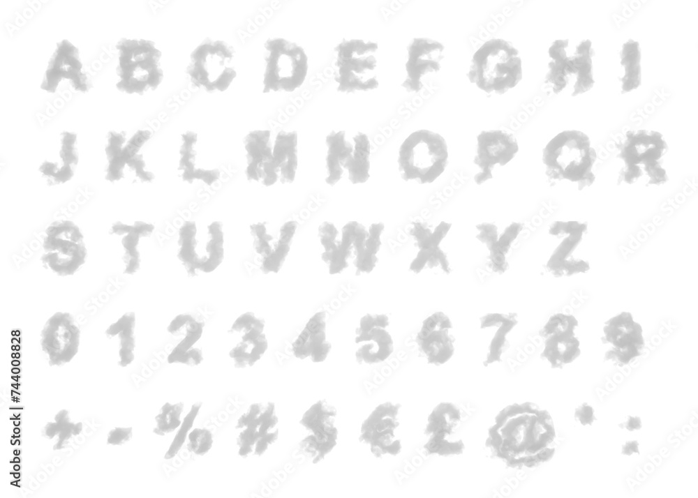 Cloud letters and numbers and symbols on transparent background. White ...