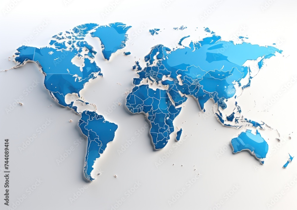 A detailed map of the world in blue and white colors, showcasing ...