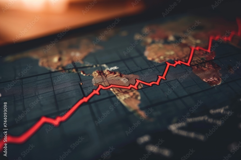 An image depicting a world map with a prominently visible red line ...