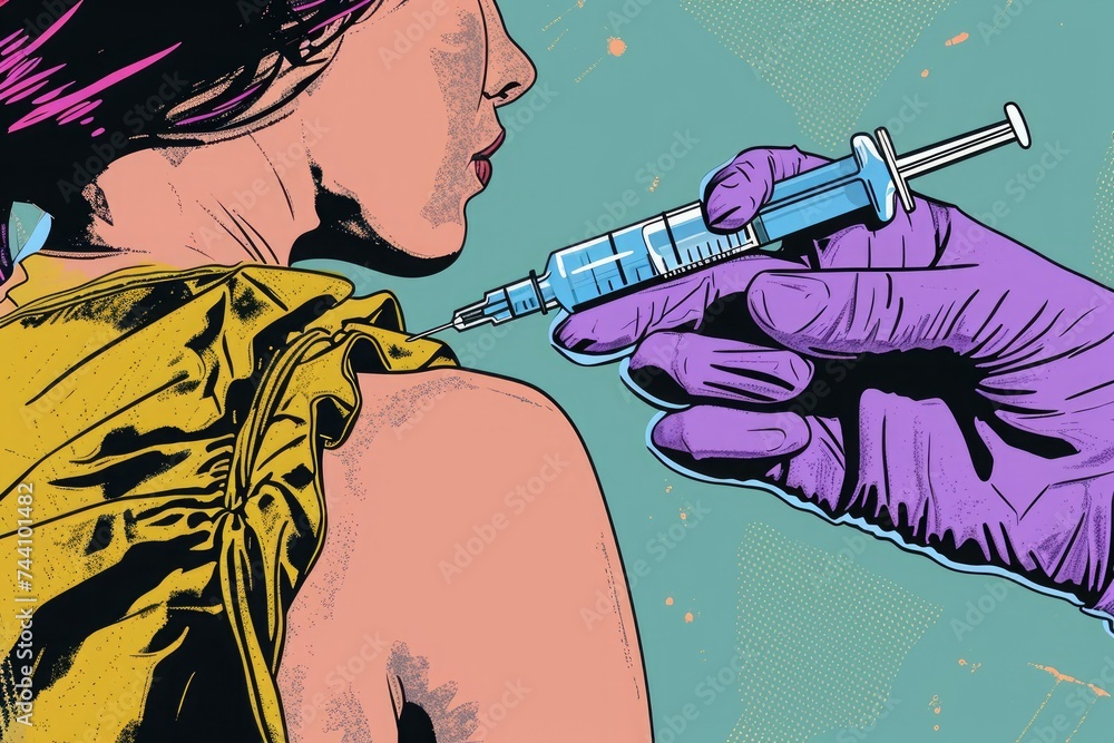 In this drawing, a woman is seen getting an injection from a doctor in ...