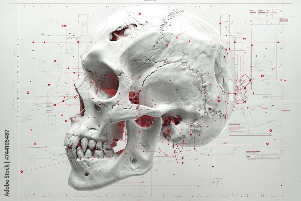 A close-up photograph of a white skull with distinctive red markings on ...