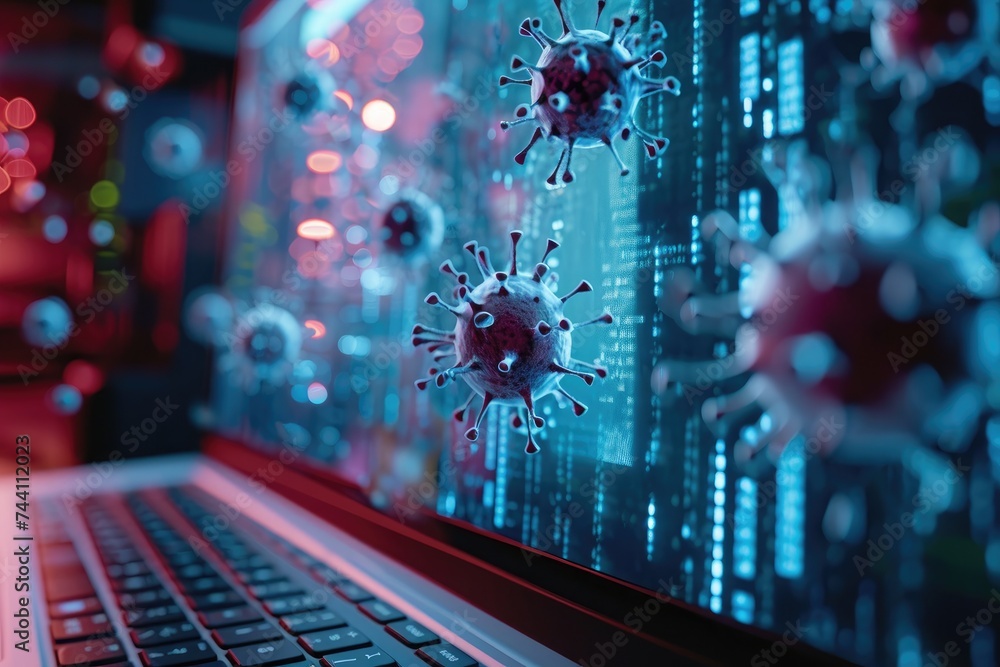 A laptop computer with a multitude of germs on the screen, showcasing ...