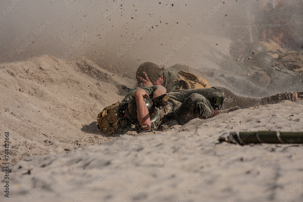 Historic reconstruction. American infantry soldiers from World War II ...
