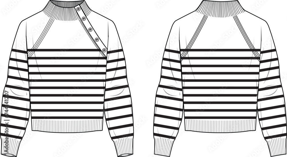 Women's Button Detail Striped Jumper. Technical fashion illustration ...