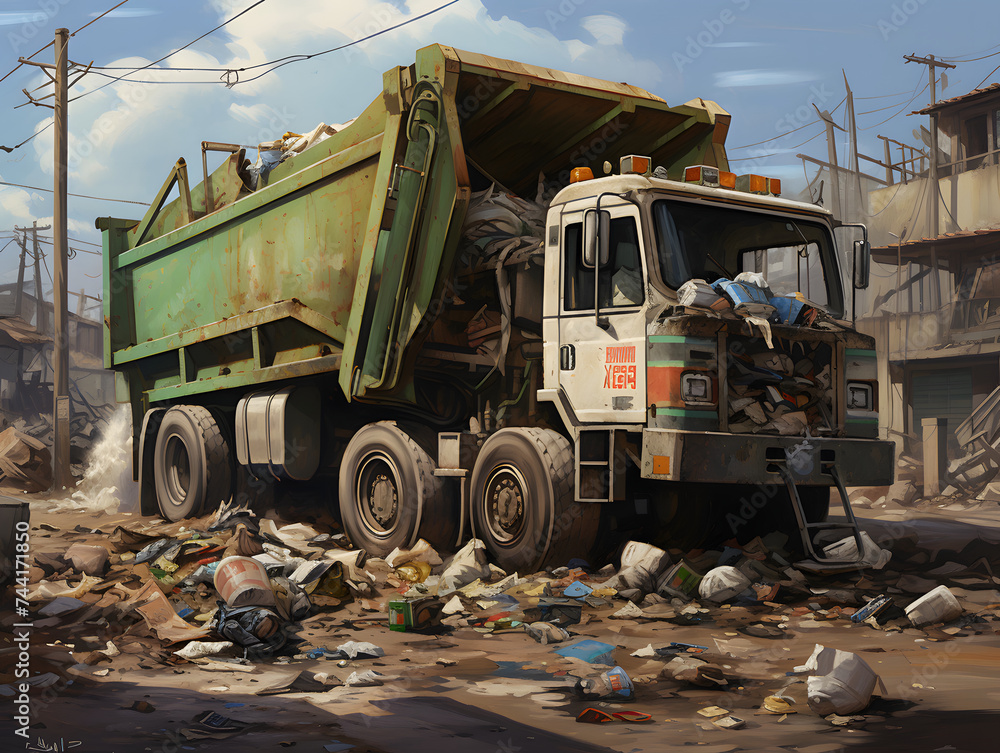 A grimy garbage truck rolls through the littered streets, its wheels ...