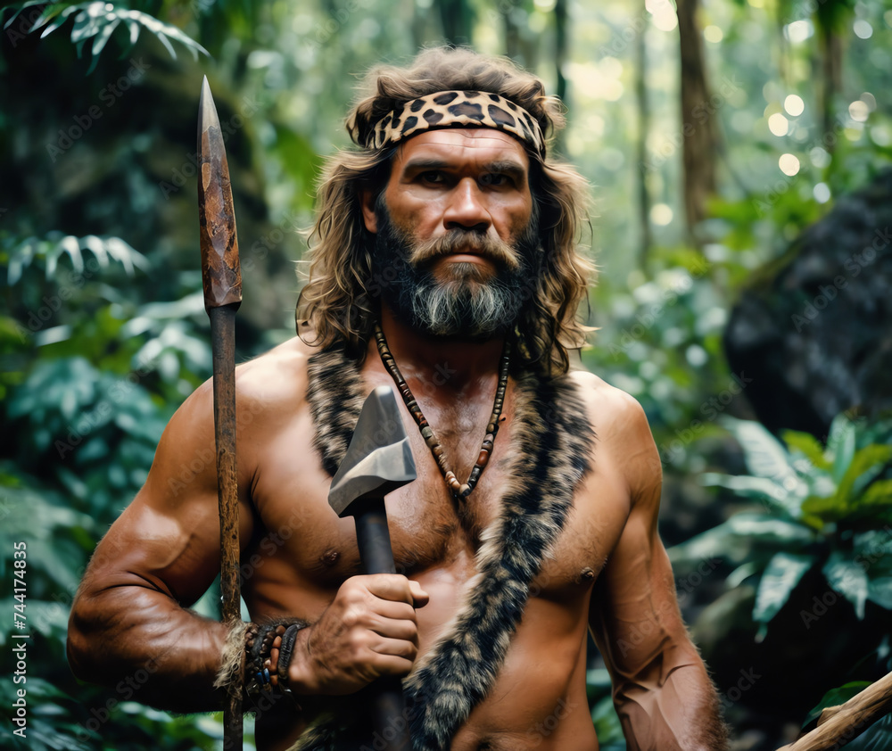 Portrait of Primeval Caveman Wearing Animal Skin Holding Stone Tipped ...