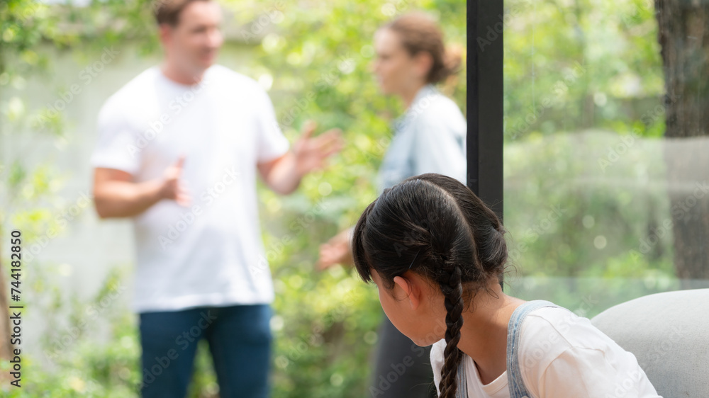 Stressed and unhappy young girl huddle in corner crying and sad while ...