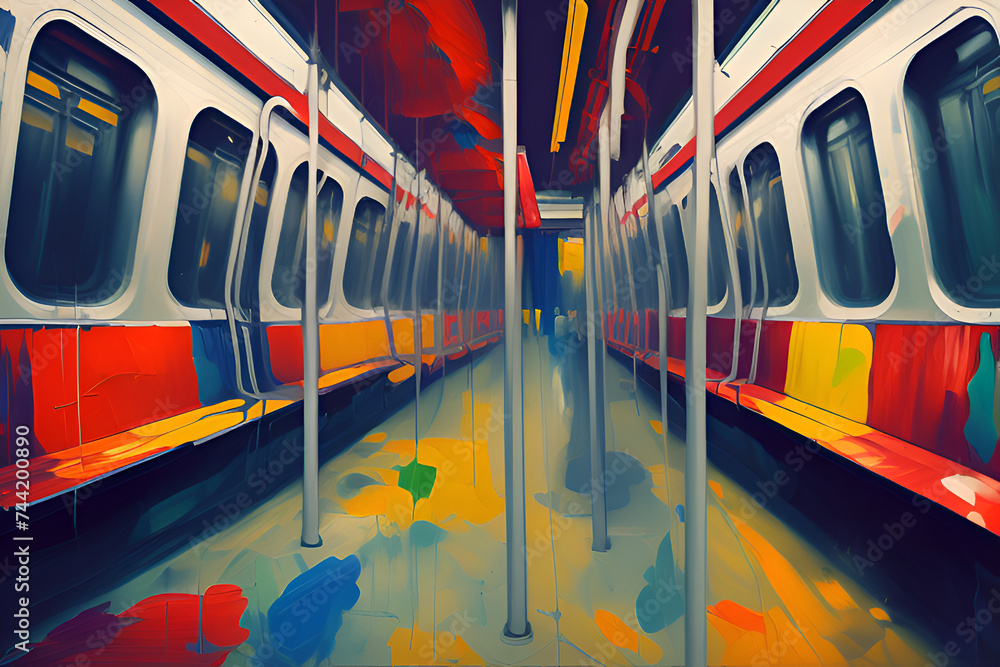 Interior of a public subway train in the underground transportation ...