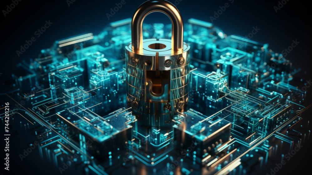 Cyber security concept, blue Lock symbol from lines and triangles ...