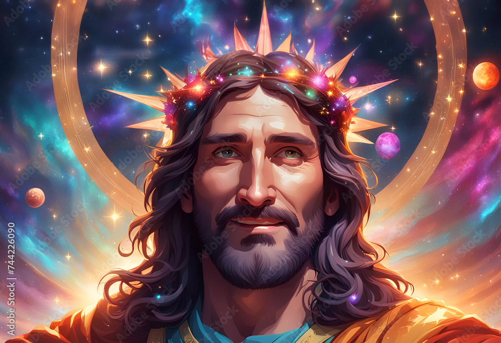 heilige Figur des Christentum Jesus lächelnd vor einem bunten Universum ...