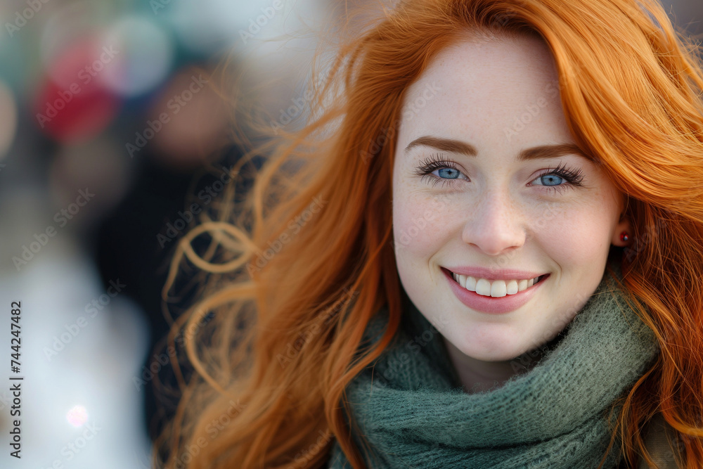 Beautiful Irish girl, young woman, with red hair, looking at the camera ...