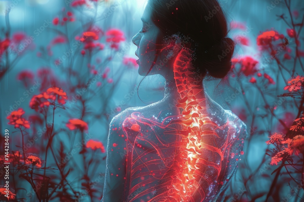 A woman's red dress blooms like a flower amidst the pain in her neck ...