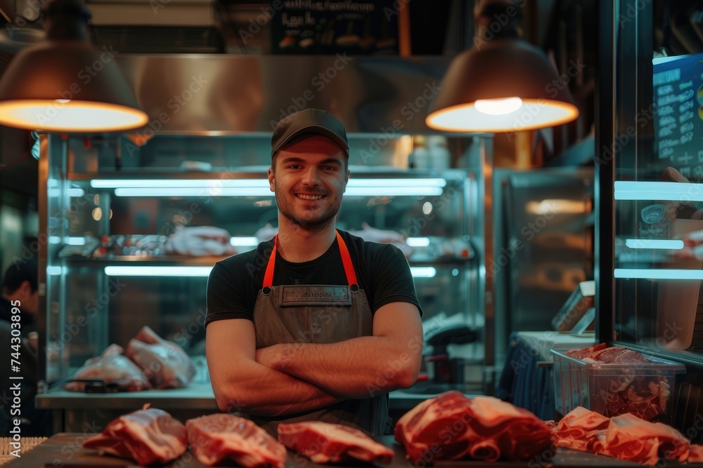 Young happy butcher with his arms crossed standing by the meat counter ...