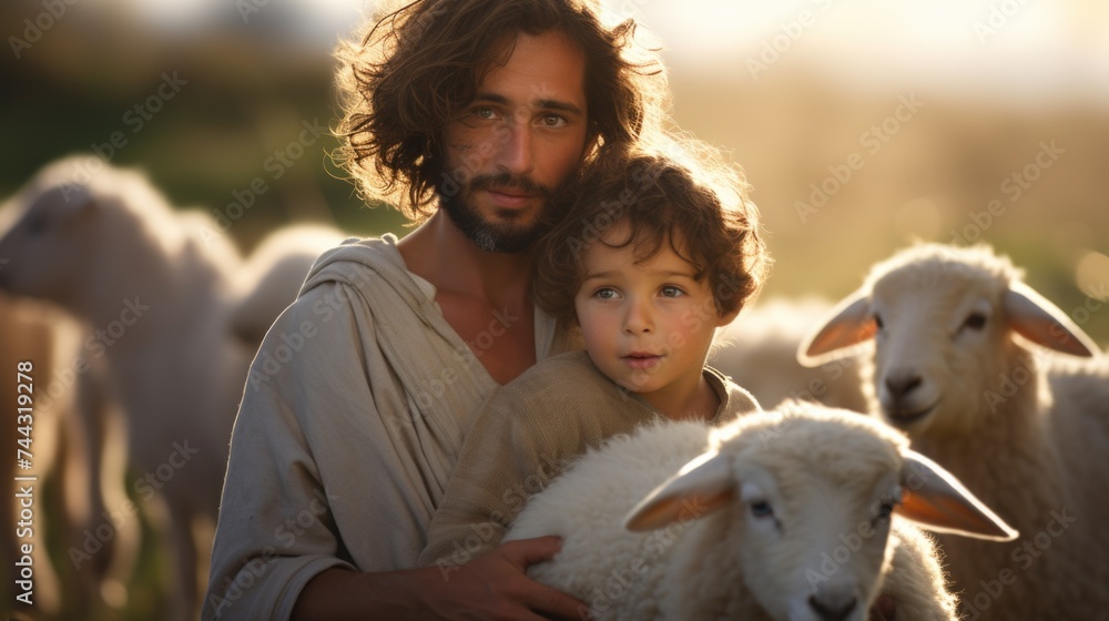 Стоковая иллюстрация «St. Joseph with boy Jesus Christ herding sheep ...